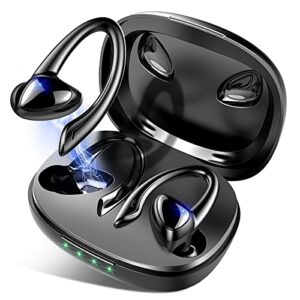 wireless earbud, bluetoth 5.1 earbud wireless earphones with detachable earhook, hifi sound noise cancelling bluetoth earphones with mic, 35h playtime, ip7 waterproof headphones for sport, black