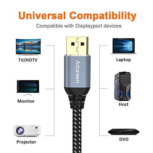 Adoreen 4K DisplayPort Cable 20 feet, Braided DP to DP 1.2 Cord(from 1.5 to 50ft) 4K@60Hz 2K 1440p@120Hz 1080p Full HD Display Port for 3D,PC TV,Gaming Monitor with 5 Ties(6.1m)-NOT HDMI