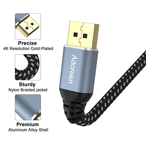 Adoreen 4K DisplayPort Cable 20 feet, Braided DP to DP 1.2 Cord(from 1.5 to 50ft) 4K@60Hz 2K 1440p@120Hz 1080p Full HD Display Port for 3D,PC TV,Gaming Monitor with 5 Ties(6.1m)-NOT HDMI