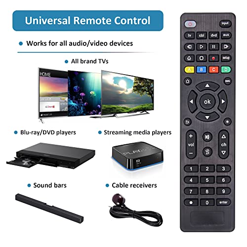 Universal Remote Control for All TVs, Blu-ray/DVD Players, Streaming Media Players, Sound Bars, Cable receivers and All Audio/Video Devices - Simple Setup