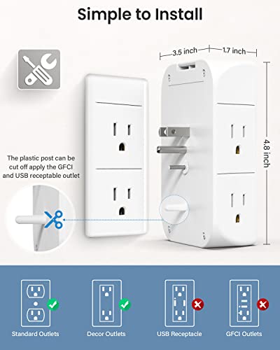 Wall Outlet Extender with Shelf and Night Light,Surge Protector,USB Wall Charger with 5 USB Outlets and 3 USB Ports 1 USB C Outlet Wide Space 3-Sided Power Strip Multi Plug Outlets…