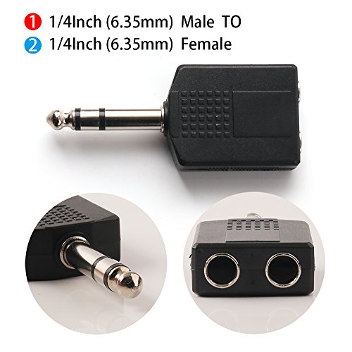 NANYI 6.35mm (1/4 Inch) Male TRS to Two 6.35mm (1/4 Inch) Female Audio Heads, 6.5mm One-Two Stereo Interconnect Audio Adapter, 2Pack (6.35mm M-2x6.35mm F-TRS)