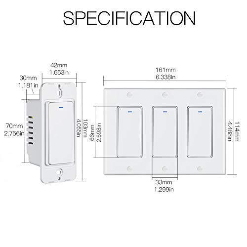 MoesGo WiFi Wall Push Button Smart Light Switch,Multi-Control, 2.4GHz WiFi Light Switches, Neutral Wire Required,Remote Control Smart Life/Tuya, Work with Alexa,Google Home White 3 Gang