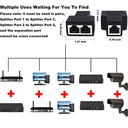 Kewrok 1 Pairs RJ45 Ethernet Splitter, 1 to 2 RJ45 Splitter, 1 Port Female to 2 Ports Female Network LAN Cable Extension Adapter Connector Coupler, Access IPTV Internet Broadband Simultaneity (Black)