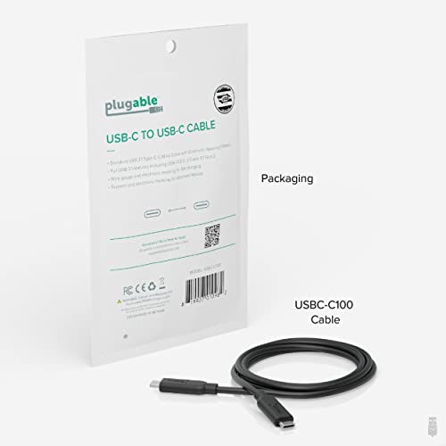 Plugable 10Gbps USB C to USB C Cable, 3.3 feet (1 Meter), 5A, USB-IF Certified, USB 3.1 Gen 2 Type-C