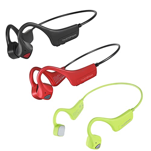 YouthWhisper Bone Conduction Headphones, Lightweight Wireless Bluetooth Sport Headset with Built-in Mic, Waterproof Open Ear Headphones for Sports (Red+Green+Black)