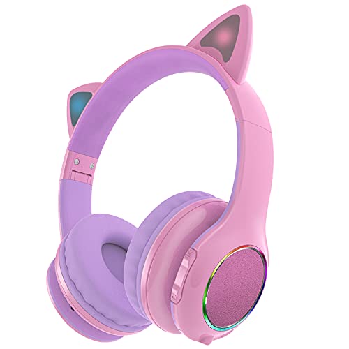 Wireless Bluetooth Headphones for Kids, LED Light Up Over Cat Ear Headphones, Volume Control Comfort Foldable Wireless Headset with Microphone for PC/TV/iPad, Gift for Kids Boys & Girls（Pink&Purple）