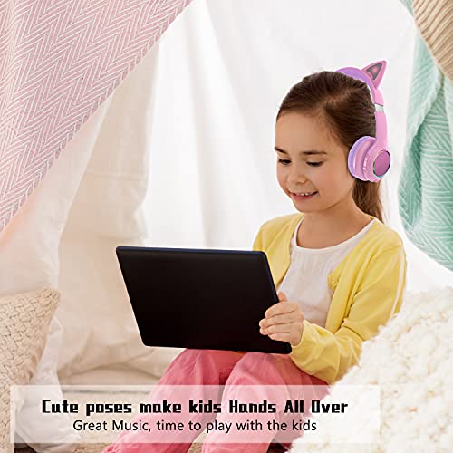 Wireless Bluetooth Headphones for Kids, LED Light Up Over Cat Ear Headphones, Volume Control Comfort Foldable Wireless Headset with Microphone for PC/TV/iPad, Gift for Kids Boys & Girls（Pink&Purple）