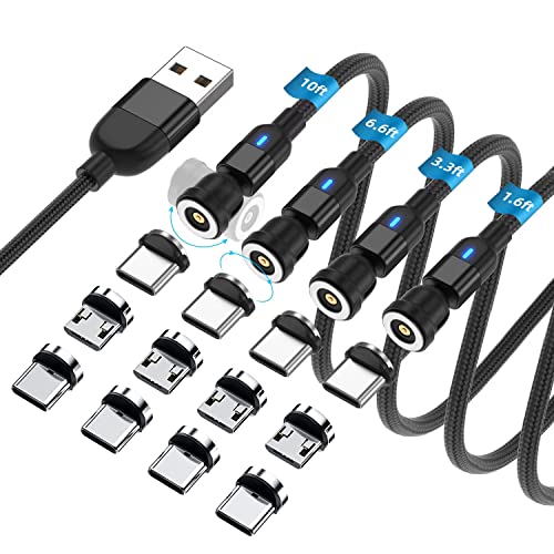 Yidawin Magnetic Charging Cable (4 Pack 1.6ft+3.3ft+6.6ft+10ft), 540° Rotation Magnetic USB Cable, Nylon Braided Magnetic Phone Charger Cable for Type C, Micro USB, iProduct