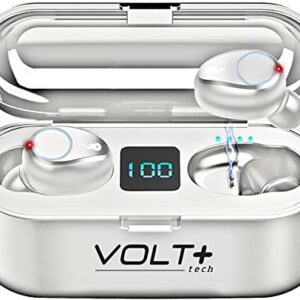 Volt Plus TECH Wireless V5.0 Bluetooth Earbuds Compatible with Microsoft Surface Duo LED Display, Mic 8D Bass IPX7 Waterproof/Sweatproof (White)