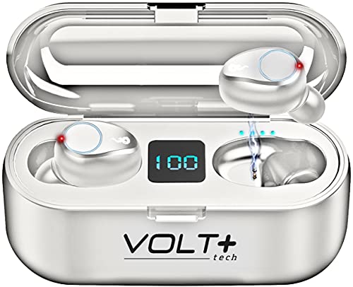 Volt Plus TECH Wireless V5.0 Bluetooth Earbuds Compatible with Microsoft Surface Duo LED Display, Mic 8D Bass IPX7 Waterproof/Sweatproof (White)