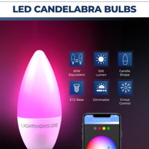 Smart Candelabra LED Bulbs, 60 Watt Equivalent, 6W 500lm, E12 LED Bulbs Work with Alexa and Google Home, 2700-6500K+RGB, APP Control, No Hub Required, Timer, Group Control, 2.4GHz WiFi Only, 6PCS