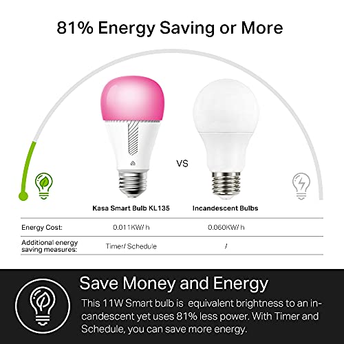 Kasa Smart Bulb, 1000 Lumens Full Color Changing Dimmable Smart WiFi Light Bulb Compatible with Alexa and Google Home, 11W, A19, 2.4Ghz only, No Hub Required, A Certified for Humans Device (KL135P4)