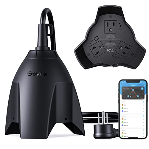 Govee Outdoor Smart Plug, 3-in-1 Compact Outdoor WiFi Bluetooth Plug, Conical Waterproof Design, 15A Outdoor Smart Outlet with Timer, Compatible with Alexa and Google Assistant, No Hub Required