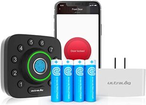 ultraloq u-bolt pro smart lock with bridge wifi adaptor, and aa ultra lithium battery (pack of 8) , 6-in-1 keyless entry door lock with wifi, bluetooth, biometric fingerprint and keypad