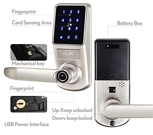 GEKRONE Fingerprint Smart Lock, Keyless Entry Door Lock with Bluetooth, Touchscreen Keypad Deadbolt Lock with App Control, Easy to Install for Home Hotel Apartment A290(Left Handle Silver)