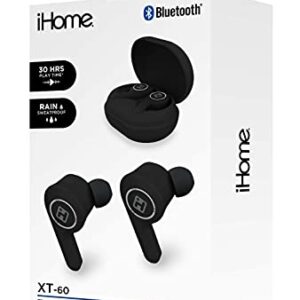 iHome XT-60 True Wireless Earbuds with Rechargeable Travel Case, Bluetooth Earphones with Microphone and Touch Control, Black