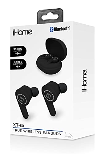 iHome XT-60 True Wireless Earbuds with Rechargeable Travel Case, Bluetooth Earphones with Microphone and Touch Control, Black