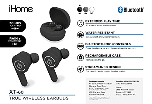 iHome XT-60 True Wireless Earbuds with Rechargeable Travel Case, Bluetooth Earphones with Microphone and Touch Control, Black