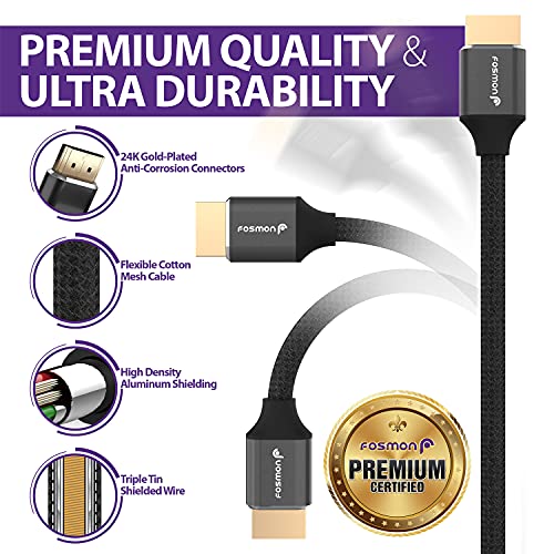 Fosmon HDMI 2.1 Cable 8K@60Hz 1ft, Premium Certified in-Wall CL3 Rated, 48Gbps Ultra High Speed, 4K@120Hz, Dynamic HDR, HDCP 2.3, 3D, eARC, 30AWG Cotton Braided Compatible with UHD TV, Monitor