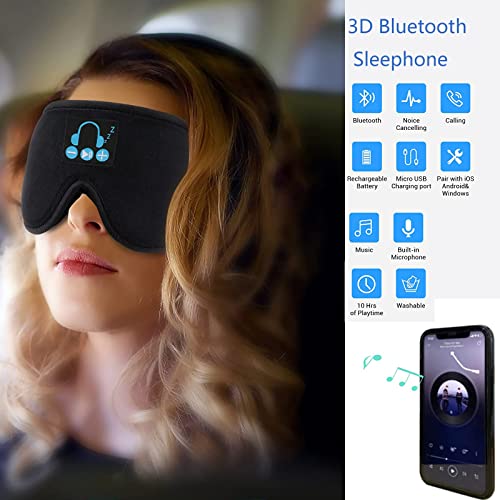 3D Sleep Headphone with Bluetooth Headphones with Speakers and Microphone, Adeleloth Wireless Music Sleeping Eye Mask Washable Earbuds for Side Sleeper, Air Travel, Office Nap, Meditation