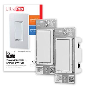 ultrapro z-wave smart rocker light switch with quickfit and simplewire, 3-way ready, works with alexa, google assistant, zwave hub required, repeater/range extender, white paddle only, 2-pack, 54890