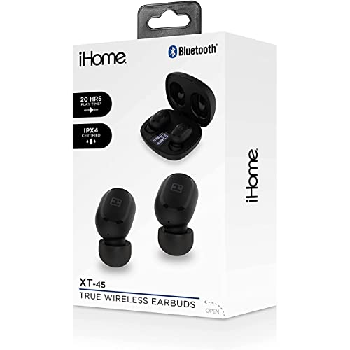 iHome XT-45 True Wireless Earbuds with Rechargeable Travel Case, Bluetooth Earphones with Microphone and Touch Control, Black