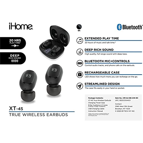 iHome XT-45 True Wireless Earbuds with Rechargeable Travel Case, Bluetooth Earphones with Microphone and Touch Control, Black