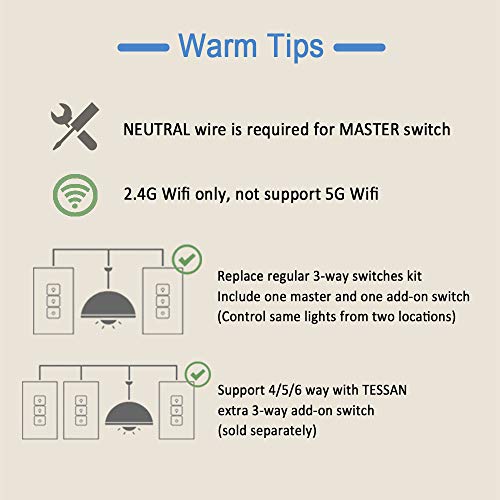 3 Way Smart Dimmer Switch Kit, TESSAN WiFi Dimmable Led Light Switch Work with Alexa, Google Home, Multiple-Locations, Neutral Wire Required, Programmable Timer Schedule Wall Switch