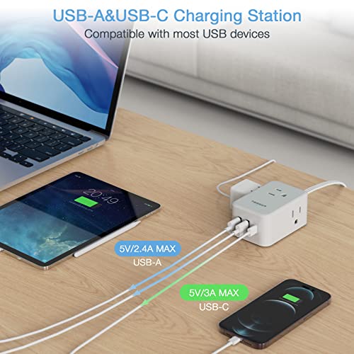 Small Flat Plug Power Strip, TESSAN Ultra Thin Extension Cord with 3 USB Wall Charger (1 USB C), 3 Outlets Mini Nightstand Charging Station, 5 ft Slim Plug for Cruise, Travel, Dorm Room Essentials