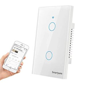 smartyuns wifi smart wall light switch white, tempered glass panel touch light switch 2 gang switch for 1 gang wall box, timer function, wireless lighting control (2 gang light switch white)