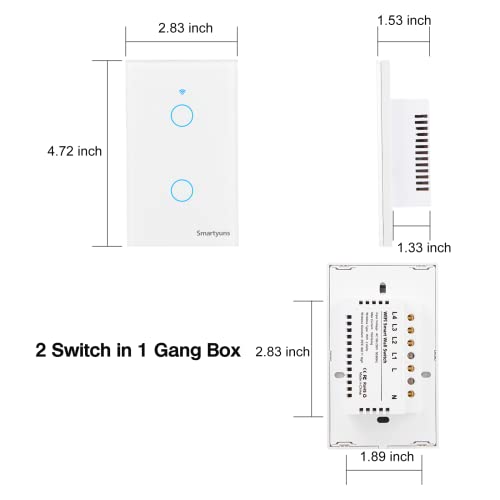 Smartyuns WiFi Smart Wall Light Switch White, Tempered Glass Panel Touch Light Switch 2 Gang Switch for 1 Gang Wall Box, Timer Function, Wireless Lighting Control (2 Gang Light Switch White)