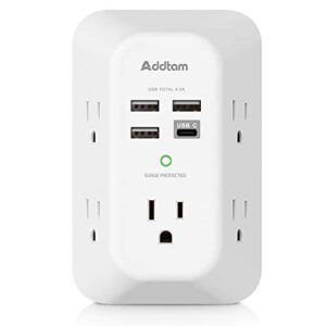 usb wall charger surge protector 5 outlet extender with 4 usb charging ports ( 1 usb c outlet) 3 sided 1800j power strip multi plug outlets wall adapter spaced for home travel office etl listed