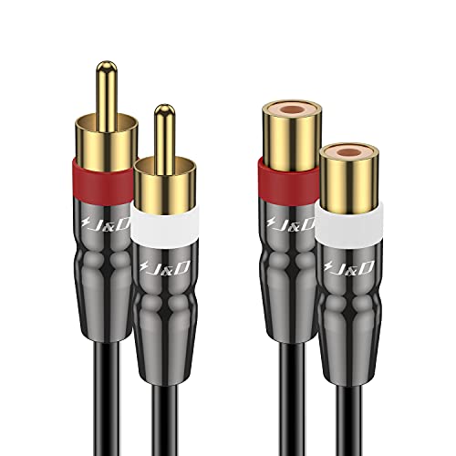 J&D 2 RCA Extension Cable Male to Female, Copper Shell Gold-Plated 2RCA Male to 2RCA Female Cable Stereo Audio Extender Cord Adapter, 3 Feet