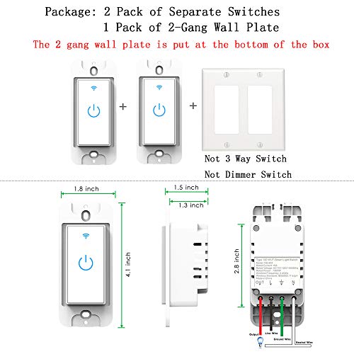 WiFi Light Switch Smart Switch 2 Gang Touch Wall Switch - Compatible with Alexa Google Assistant