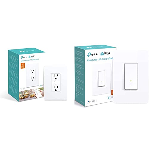 Kasa Smart Light Switch by TP-Link, Single Pole, Needs Neutral Wire, 2.4Ghz WiFi Light Switch, 1-Pack, White & Plug by TP-Link, in-Wall Smart Home WiFi Outlet Compatible with Alexa, Echo, Google Home