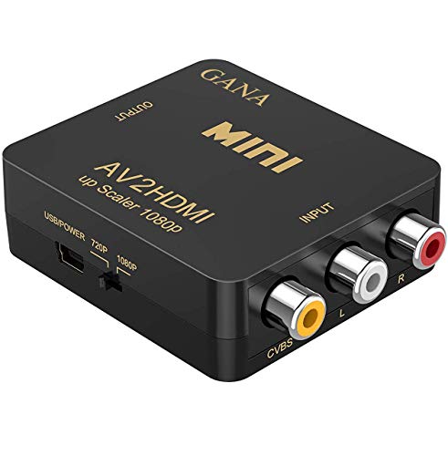 RCA to HDMI, GANA 1080P Mini RCA Composite CVBS AV to HDMI Video Audio Converter Adapter Supporting PAL/NTSC with USB Charge Cable for PC Laptop Xbox PS4 PS3 TV STB VHS VCR Camera DVD (Black Gold)