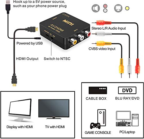 RCA to HDMI, GANA 1080P Mini RCA Composite CVBS AV to HDMI Video Audio Converter Adapter Supporting PAL/NTSC with USB Charge Cable for PC Laptop Xbox PS4 PS3 TV STB VHS VCR Camera DVD (Black Gold)