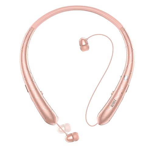 Bluetooth Headphones, Wireless Neckband Headset with Retractable Earbuds, Stereo Earphones w/Noise Canceling Mic for Conferences, Work Out, Travel, Compatible with Android iPhone (Rose Gold)