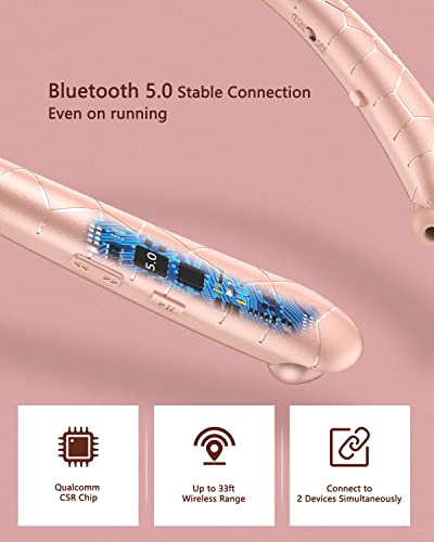 Bluetooth Headphones, Wireless Neckband Headset with Retractable Earbuds, Stereo Earphones w/Noise Canceling Mic for Conferences, Work Out, Travel, Compatible with Android iPhone (Rose Gold)