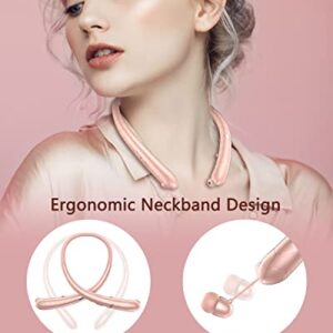 Bluetooth Headphones, Wireless Neckband Headset with Retractable Earbuds, Stereo Earphones w/Noise Canceling Mic for Conferences, Work Out, Travel, Compatible with Android iPhone (Rose Gold)