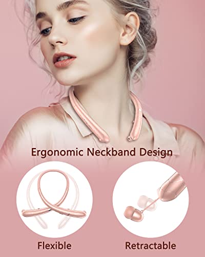 Bluetooth Headphones, Wireless Neckband Headset with Retractable Earbuds, Stereo Earphones w/Noise Canceling Mic for Conferences, Work Out, Travel, Compatible with Android iPhone (Rose Gold)