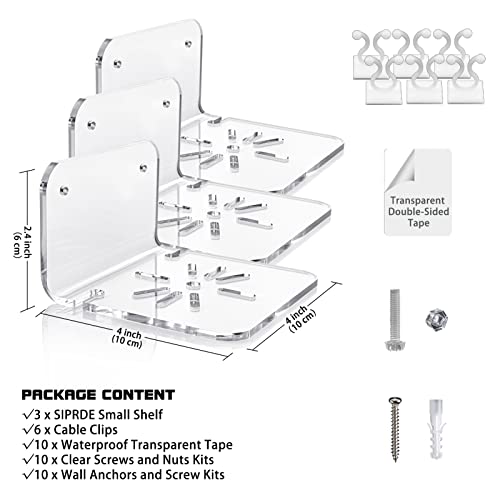 SIPRDE Acrylic Small Wall Shelf Set of 3 for Security Cameras, Speakers, Baby Monitors & More - 4'' Universal Adhesive Shelf Easy to Install No Drill, with Cable Clips (Clear)