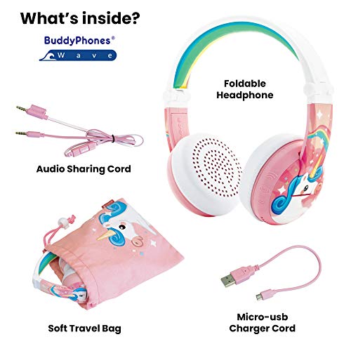 ONANOFF BuddyPhones Wave, Waterproof Wireless Bluetooth Volume-Limiting Kids Headphones, 18-Hour Battery Life, 4 Volume Settings, Built-in Microphone, Includes Backup Cable for Sharing, Unicorn Pink