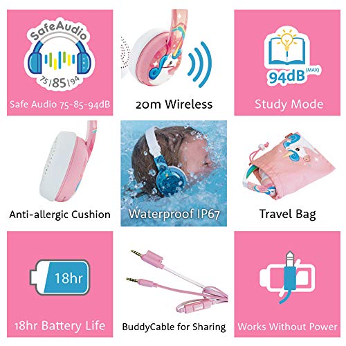 ONANOFF BuddyPhones Wave, Waterproof Wireless Bluetooth Volume-Limiting Kids Headphones, 18-Hour Battery Life, 4 Volume Settings, Built-in Microphone, Includes Backup Cable for Sharing, Unicorn Pink