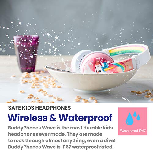 ONANOFF BuddyPhones Wave, Waterproof Wireless Bluetooth Volume-Limiting Kids Headphones, 18-Hour Battery Life, 4 Volume Settings, Built-in Microphone, Includes Backup Cable for Sharing, Unicorn Pink