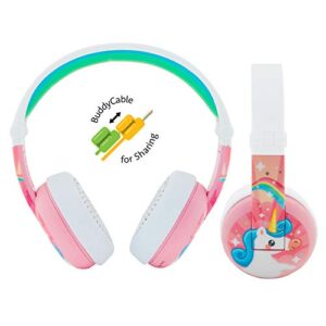 ONANOFF BuddyPhones Wave, Waterproof Wireless Bluetooth Volume-Limiting Kids Headphones, 18-Hour Battery Life, 4 Volume Settings, Built-in Microphone, Includes Backup Cable for Sharing, Unicorn Pink