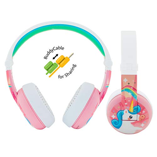 ONANOFF BuddyPhones Wave, Waterproof Wireless Bluetooth Volume-Limiting Kids Headphones, 18-Hour Battery Life, 4 Volume Settings, Built-in Microphone, Includes Backup Cable for Sharing, Unicorn Pink