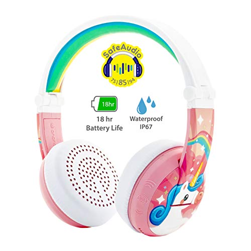 ONANOFF BuddyPhones Wave, Waterproof Wireless Bluetooth Volume-Limiting Kids Headphones, 18-Hour Battery Life, 4 Volume Settings, Built-in Microphone, Includes Backup Cable for Sharing, Unicorn Pink