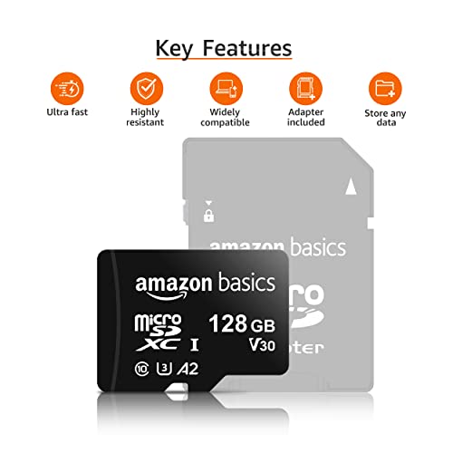 Amazon Basics microSDXC Memory Card with Full Size Adapter, A2, U3, Read Speed up to 100 MB/s, 128 GB